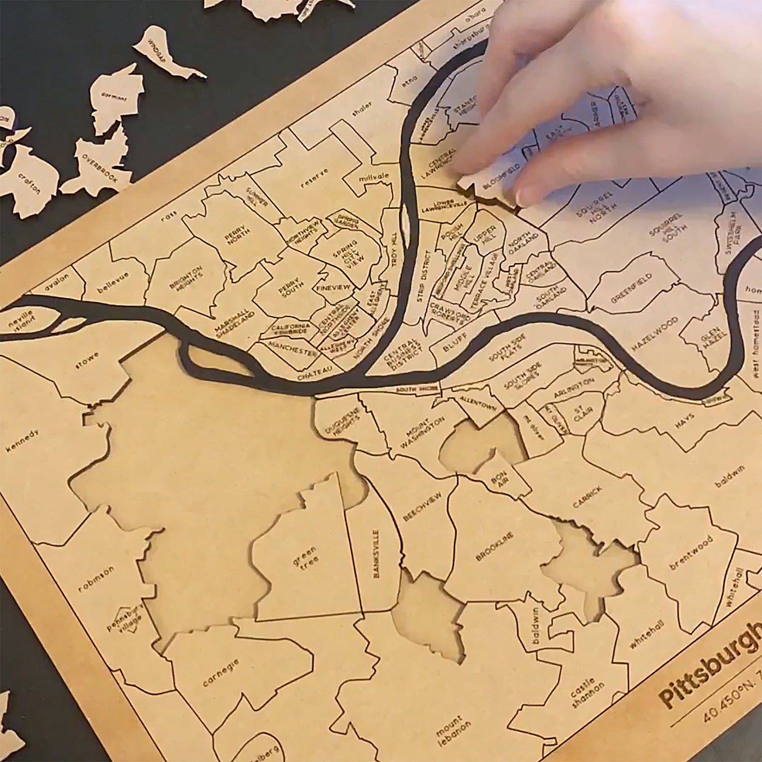 Wooden Pittsburgh Puzzle: Neighborhoods & Boroughs Map